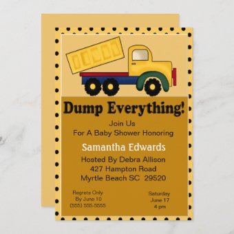 Dump Truck Theme Baby Shower Invitation | Zazzle