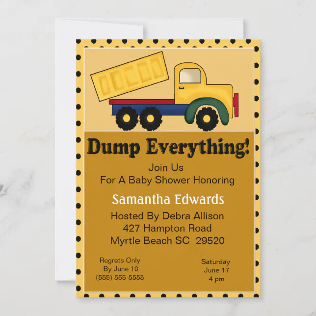 Dump Truck Theme Baby Shower Invitation | Zazzle