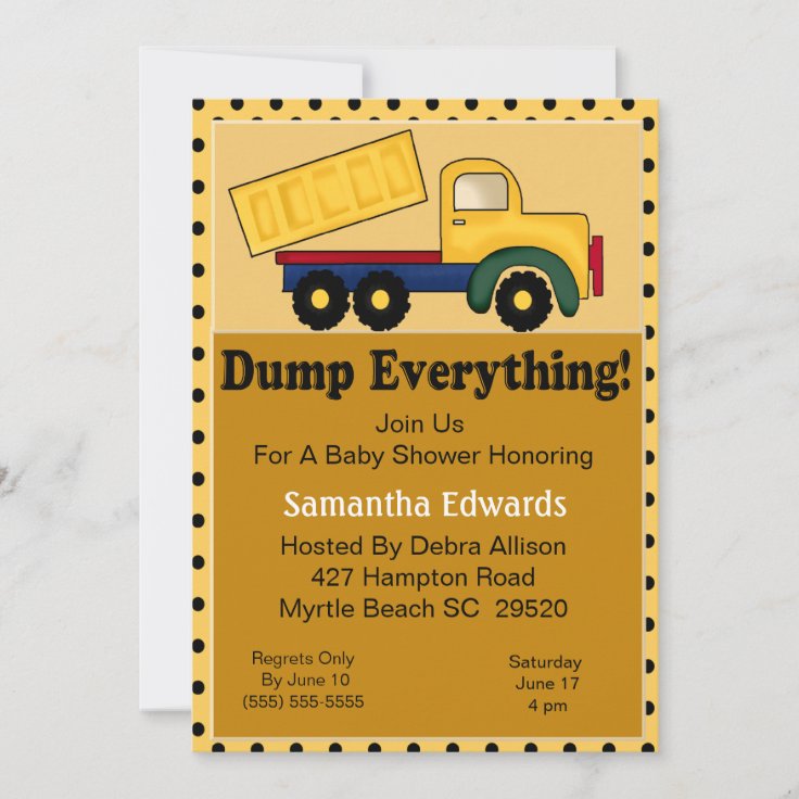 Dump Truck Theme Baby Shower Invitation | Zazzle
