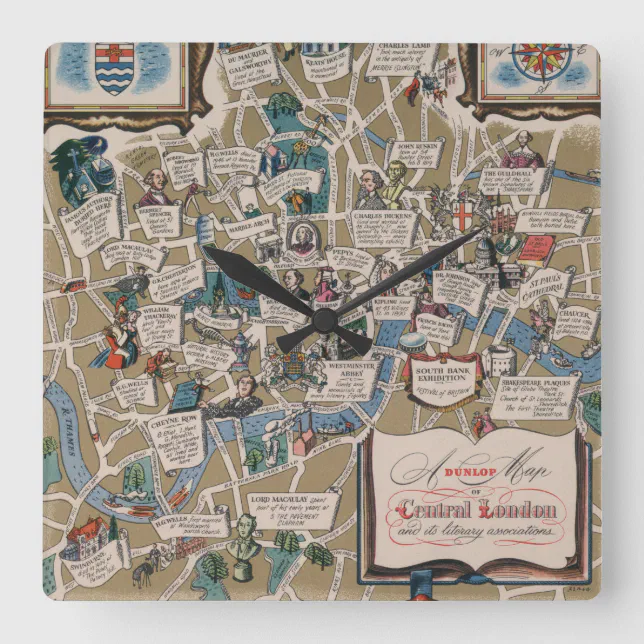 Dunlop map- Literary Landmarks of Central London Square Wall Clock | Zazzle