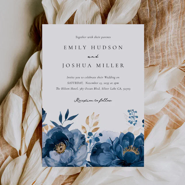 Dusky Blue Gold Floral All in One Wedding Invitation | Zazzle