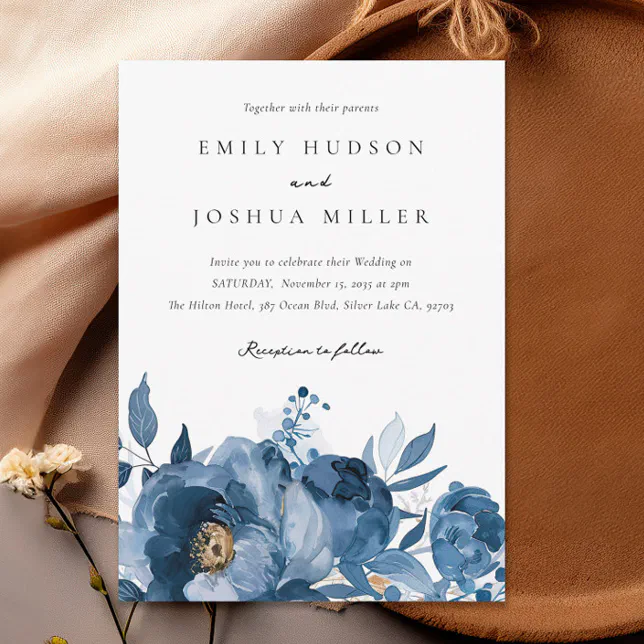 Dusky Blue Gold Floral Wedding Invitation | Zazzle