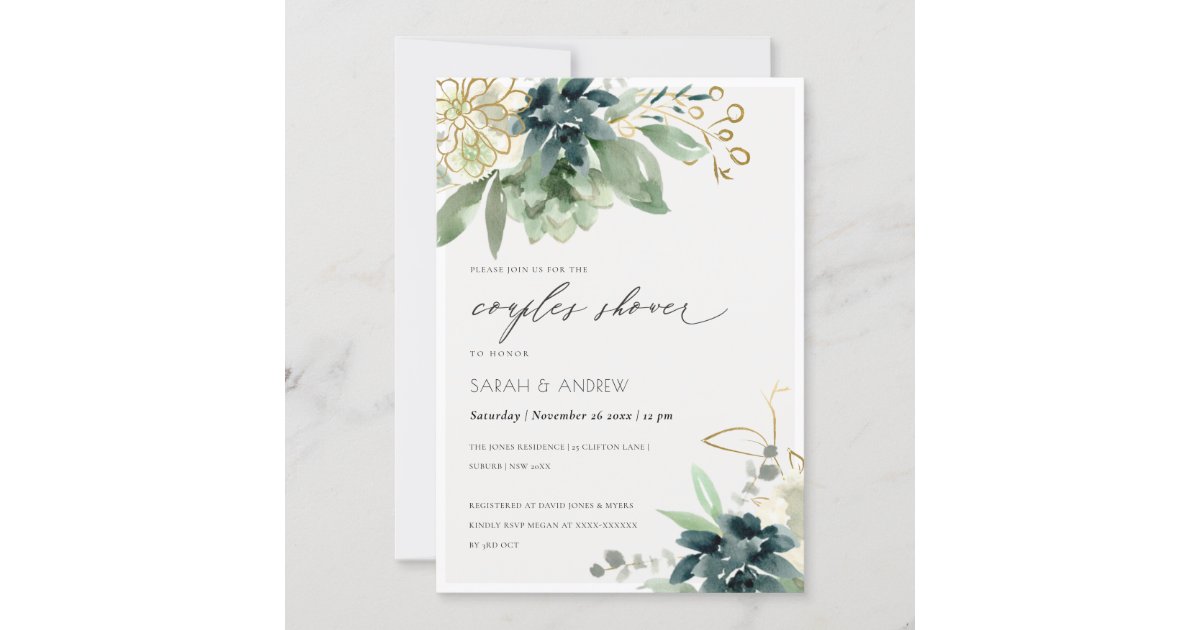 Dusky Blue Succulent Foliage Couples Shower Invite | Zazzle
