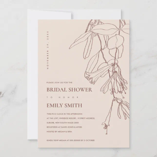 DUSKY BLUSH LINE DRAWING FLORA BRIDAL SHOWER CARD | Zazzle