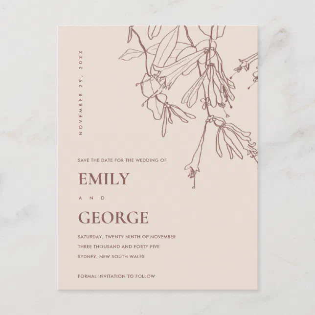 DUSKY BLUSH LINE DRAWING FLORAL SAVE THE DATE ANNOUNCEMENT POSTCARD ...