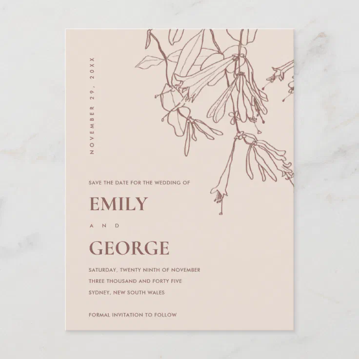 DUSKY BLUSH LINE DRAWING FLORAL SAVE THE DATE ANNOUNCEMENT POSTCARD ...