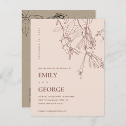 DUSKY BLUSH LINE DRAWING FLORAL SAVE THE DATE ANNOUNCEMENT POSTCARD ...
