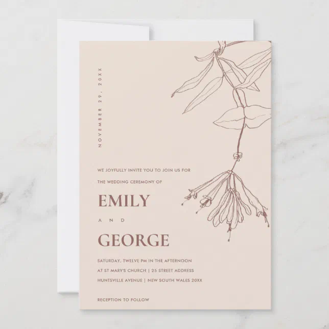 DUSKY BLUSH LINE DRAWING FLORAL WEDDING INVITE | Zazzle