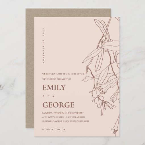 DUSKY BLUSH LINE DRAWING FLORAL WEDDING INVITE | Zazzle