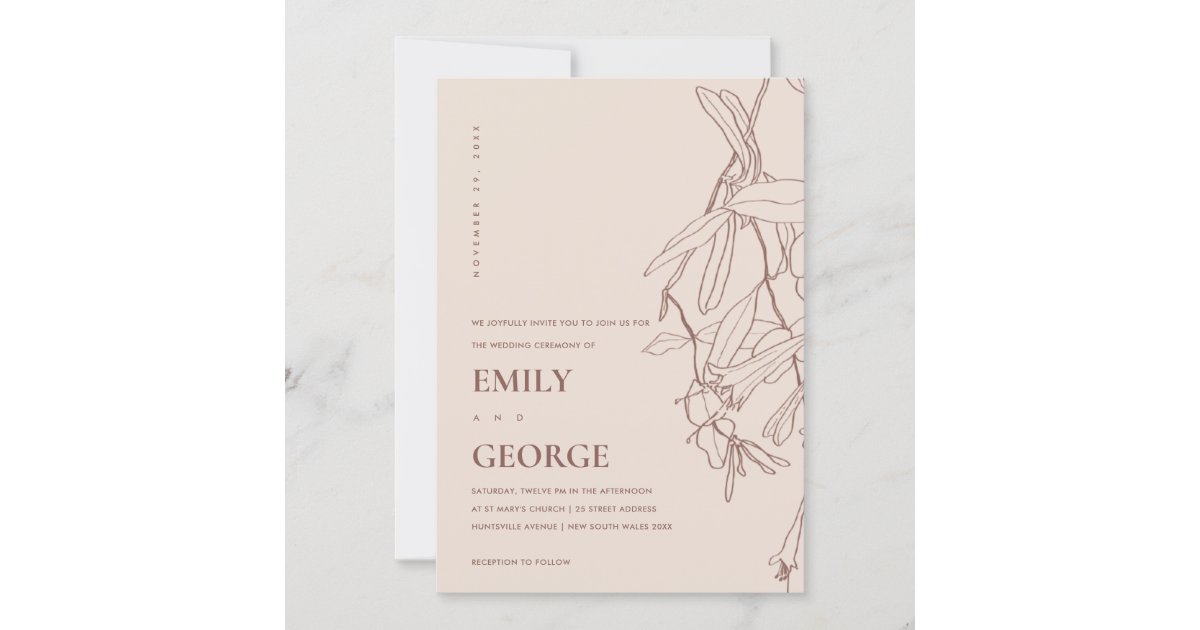 DUSKY BLUSH LINE DRAWING FLORAL WEDDING INVITE | Zazzle