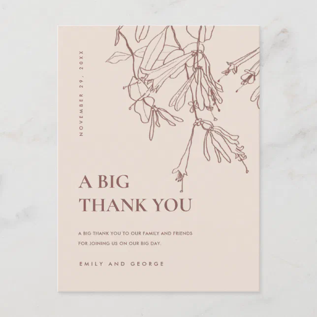 DUSKY BLUSH LINE DRAWING FLORAL WEDDING THANK YOU ANNOUNCEMENT POSTCARD ...