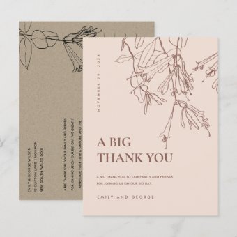 DUSKY BLUSH LINE DRAWING FLORAL WEDDING THANK YOU ANNOUNCEMENT POSTCARD ...