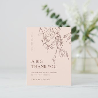 DUSKY BLUSH LINE DRAWING FLORAL WEDDING THANK YOU ANNOUNCEMENT POSTCARD ...