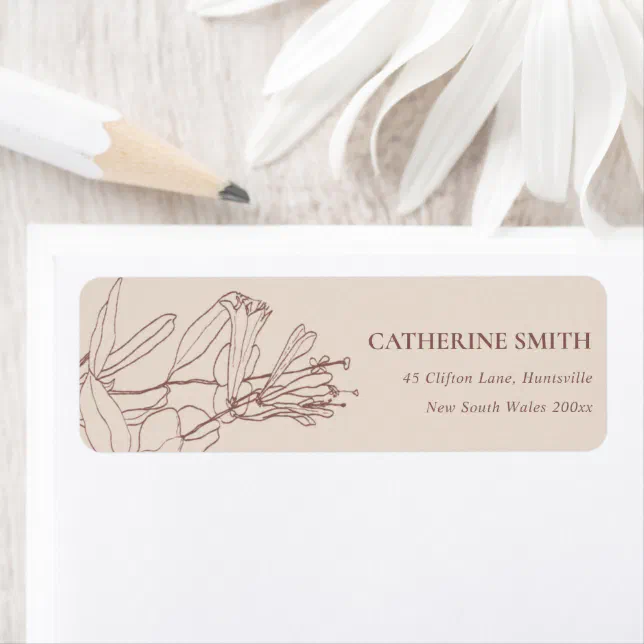 DUSKY BLUSH TERRACOTTA LINE DRAWING FLORAL ADDRESS LABEL | Zazzle