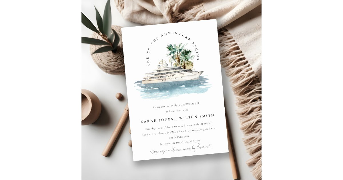 Dusky Cruise Ship Palm Seascape Morning After Invitation | Zazzle