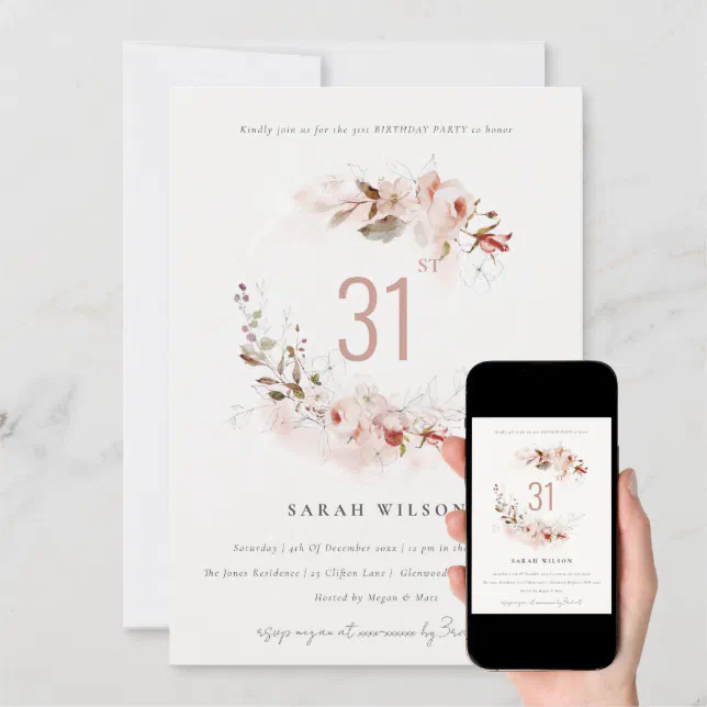 Dusky Fall Marsala Blush Flora Watercolor Birthday Invitation | Zazzle