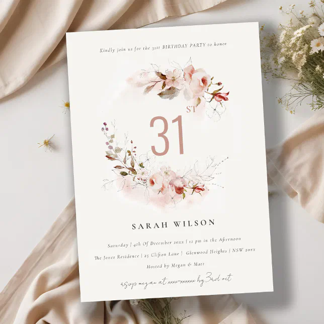 Dusky Fall Marsala Blush Flora Watercolor Birthday Invitation | Zazzle