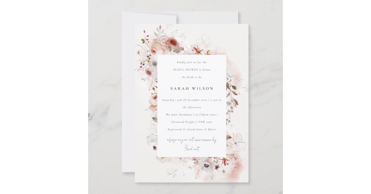Dusky Fall Marsala Blush Floral Bridal Shower Invitation | Zazzle