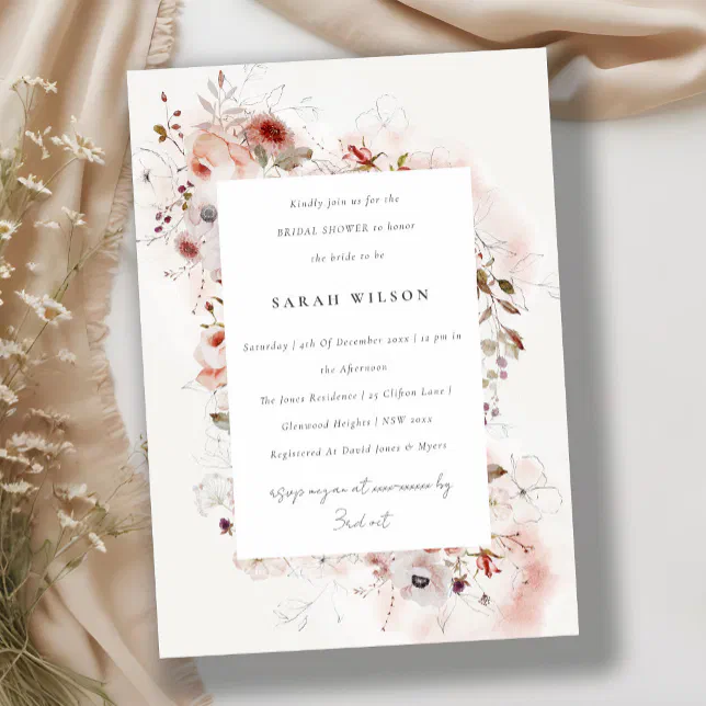 Dusky Fall Marsala Blush Floral Bridal Shower Invitation | Zazzle