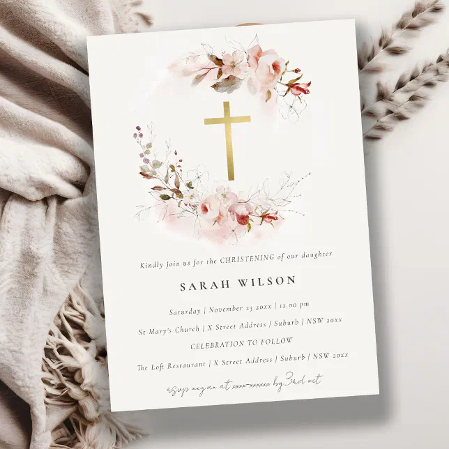 Dusky Fall Marsala Blush Floral Cross Christening Invitation | Zazzle