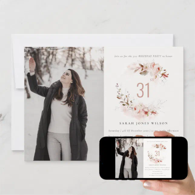 Dusky Fall Marsala Blush Floral Photo Birthday Invitation | Zazzle