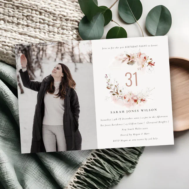 Dusky Fall Marsala Blush Floral Photo Birthday Invitation | Zazzle