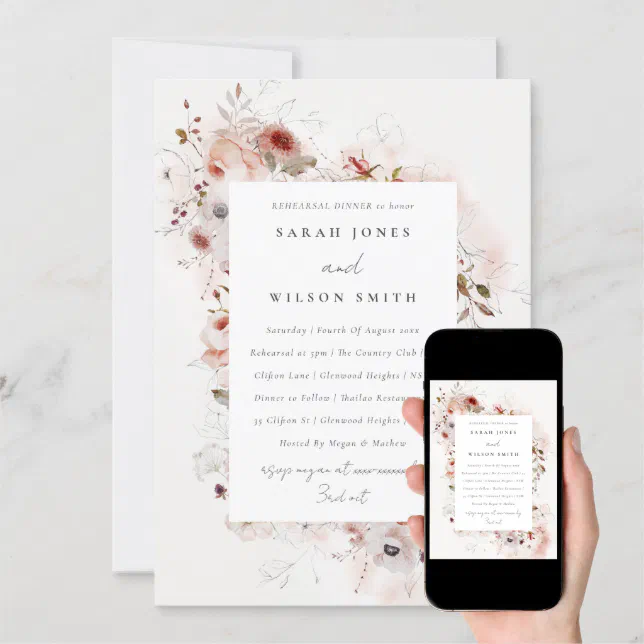 Dusky Fall Marsala Blush Floral Rehearsal Dinner Invitation | Zazzle