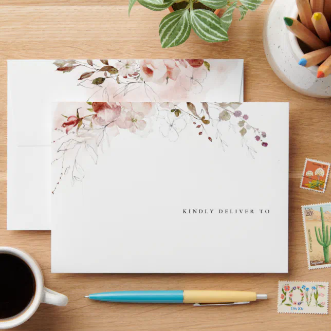 Dusky Fall Marsala Blush Floral Watercolor Wedding Envelope | Zazzle