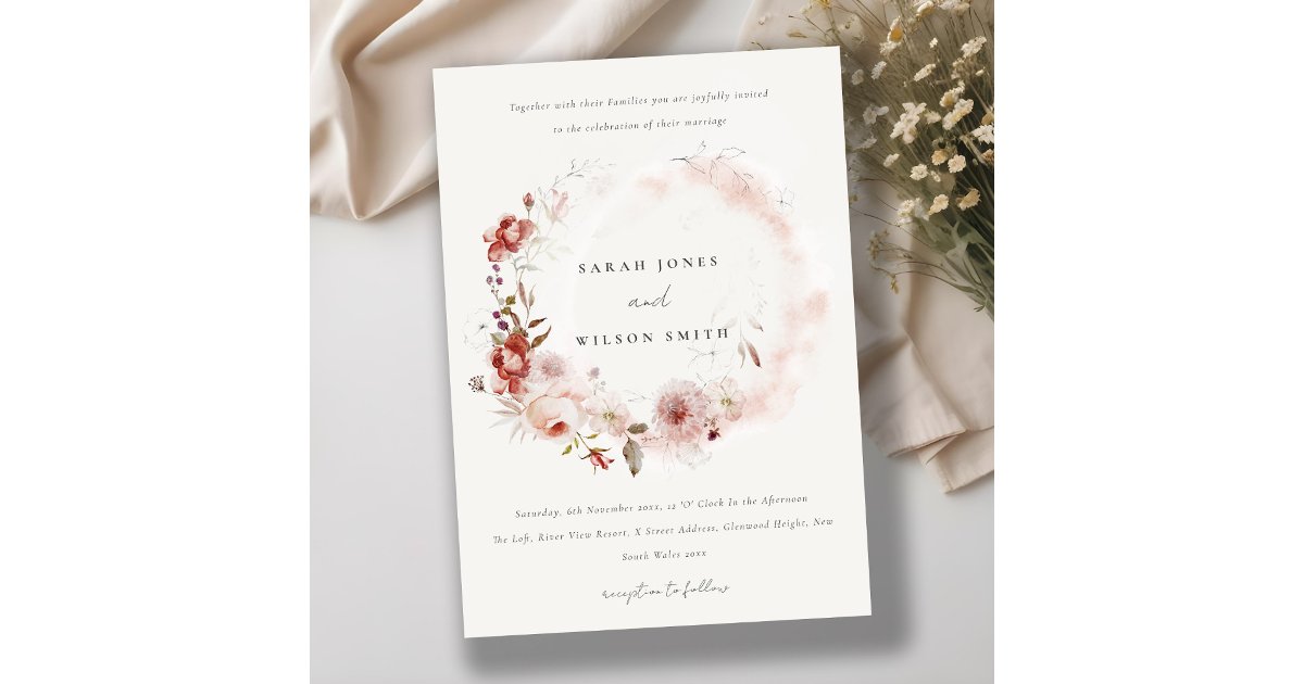 Dusky Fall Marsala Blush Floral Wreath Wedding Invitation | Zazzle