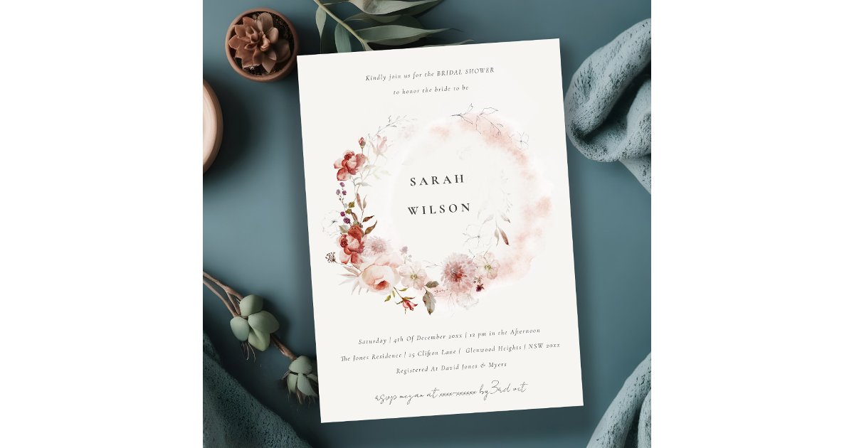 Dusky Fall Marsala Floral Wreath Bridal Shower Invitation | Zazzle