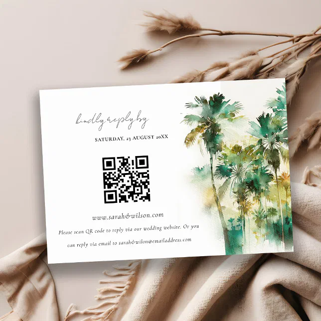 Dusky Green Tropical Palm Trees Wedding QR Code Enclosure Card | Zazzle