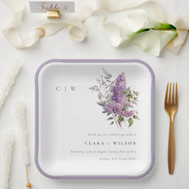 Dusky Lilac Watercolor Cottage Floral Wedding Paper Plates | Zazzle