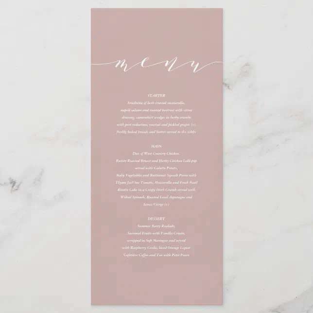 Dusky pink elegant watercolor painted wedding menu | Zazzle