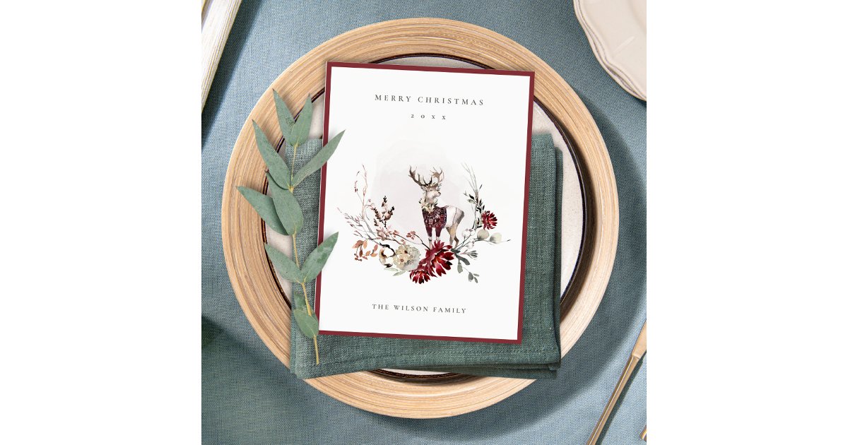 Dusky Stag Marsala Foliage Wreath Merry Christmas Holiday Postcard | Zazzle