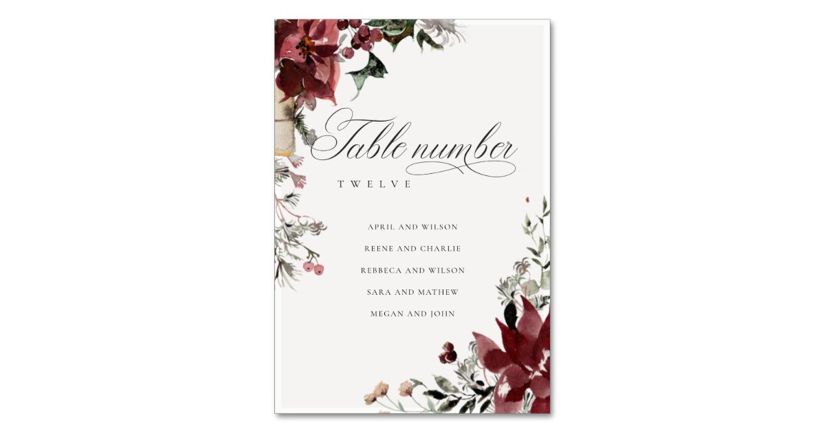 Dusky Warm Winter Festive Foliage Wedding Name Table Number | Zazzle