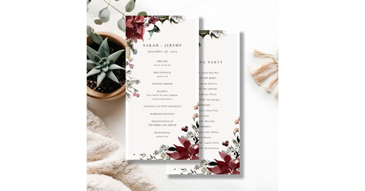 Dusky Warm Winter Festive Foliage Wedding Program | Zazzle