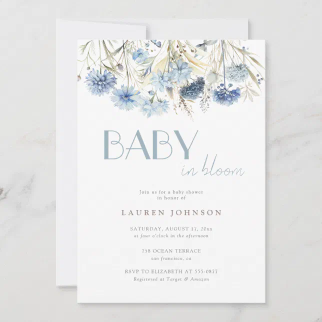 DUSTY Baby in Bloom Blue Beige Baby Shower Invitation | Zazzle