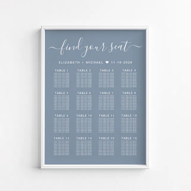 Dusty Blue 16 Table Wedding Seating Chart | Zazzle