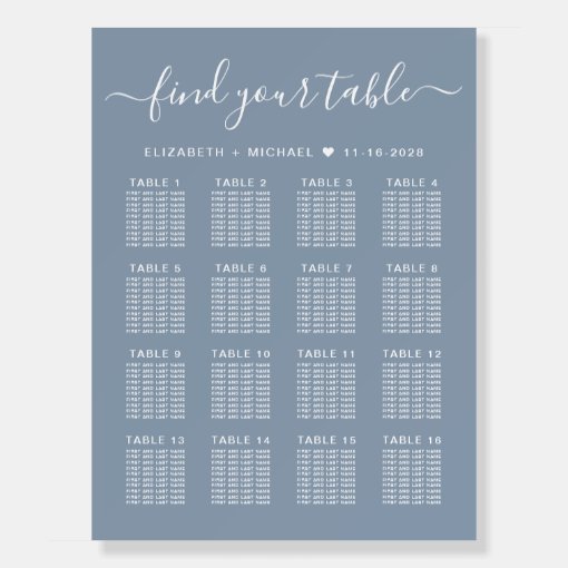 Dusty Blue 16 Table Wedding Seating Chart Foam Board | Zazzle