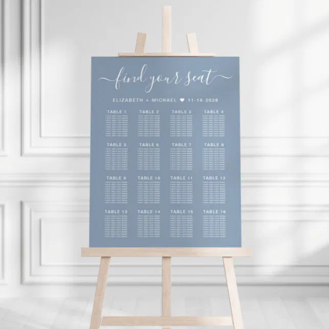 Dusty Blue 16 Table Wedding Seating Chart Foam Board | Zazzle