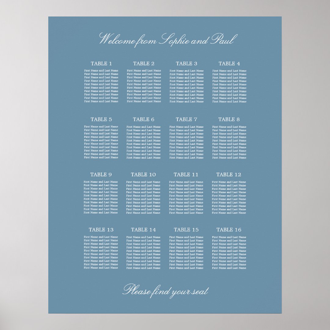 Dusty Blue 16 Table Wedding Seating Chart Poster | Zazzle