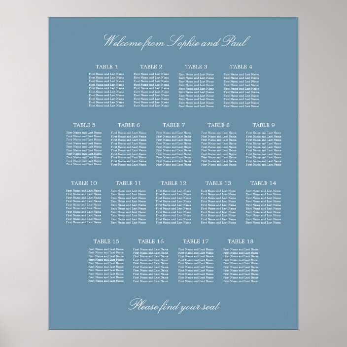 Dusty Blue 18 Table Wedding Seating Chart Poster | Zazzle