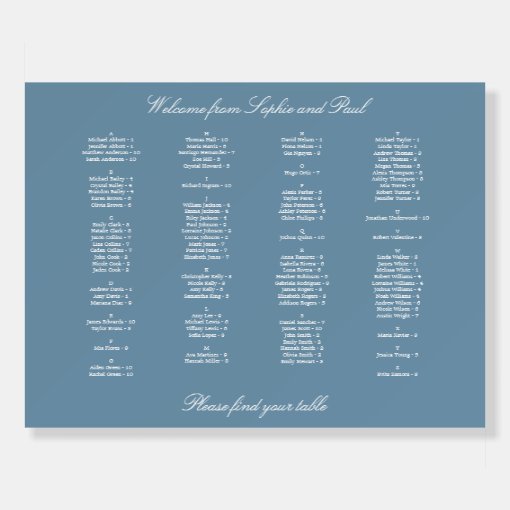 Dusty Blue Alphabetical Seating Chart Foam Board | Zazzle