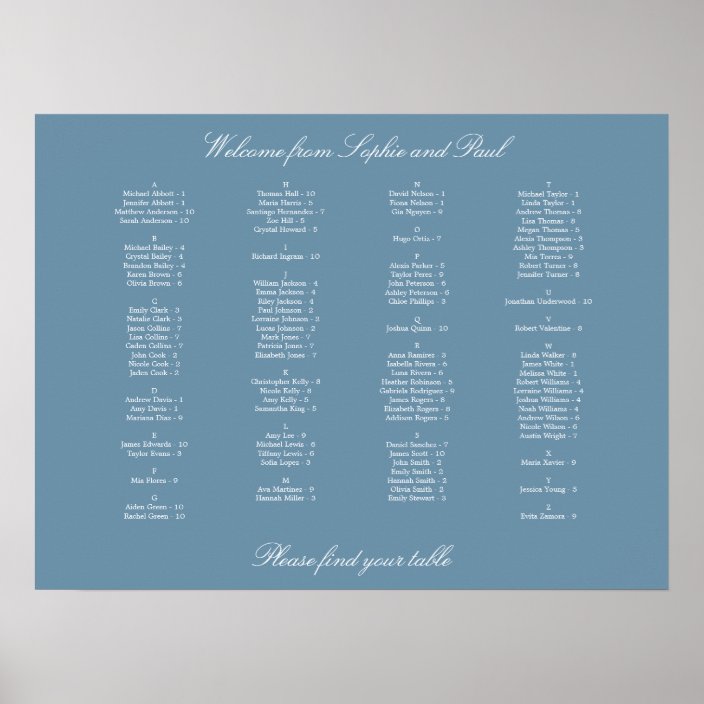 Dusty Blue Alphabetical Seating Chart Poster | Zazzle