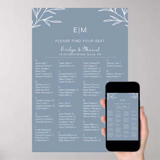 Dusty Blue Alphabetical Wedding Seating Chart | Zazzle