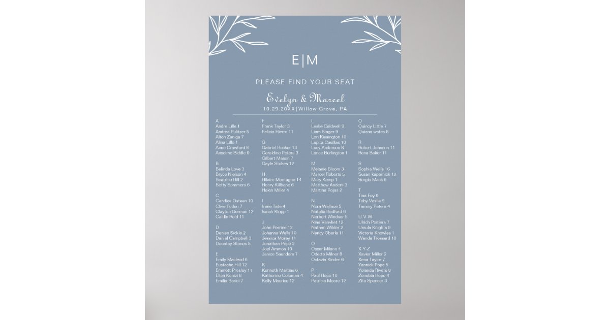 Dusty Blue Alphabetical Wedding Seating Chart | Zazzle
