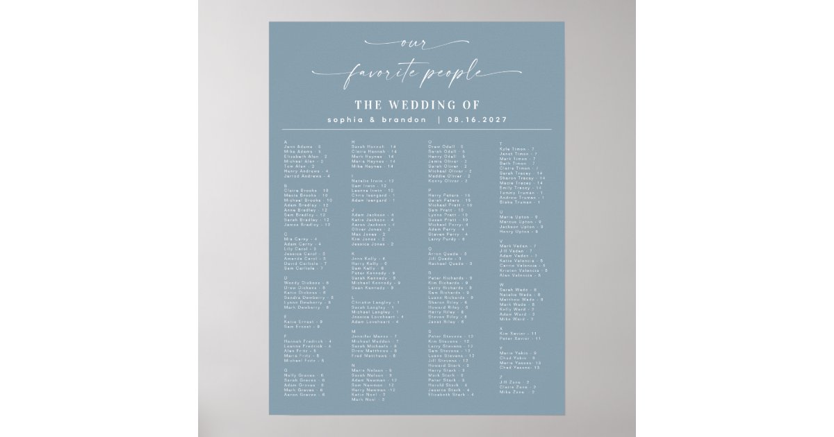 Dusty Blue Alphabetical Wedding Seating Chart | Zazzle