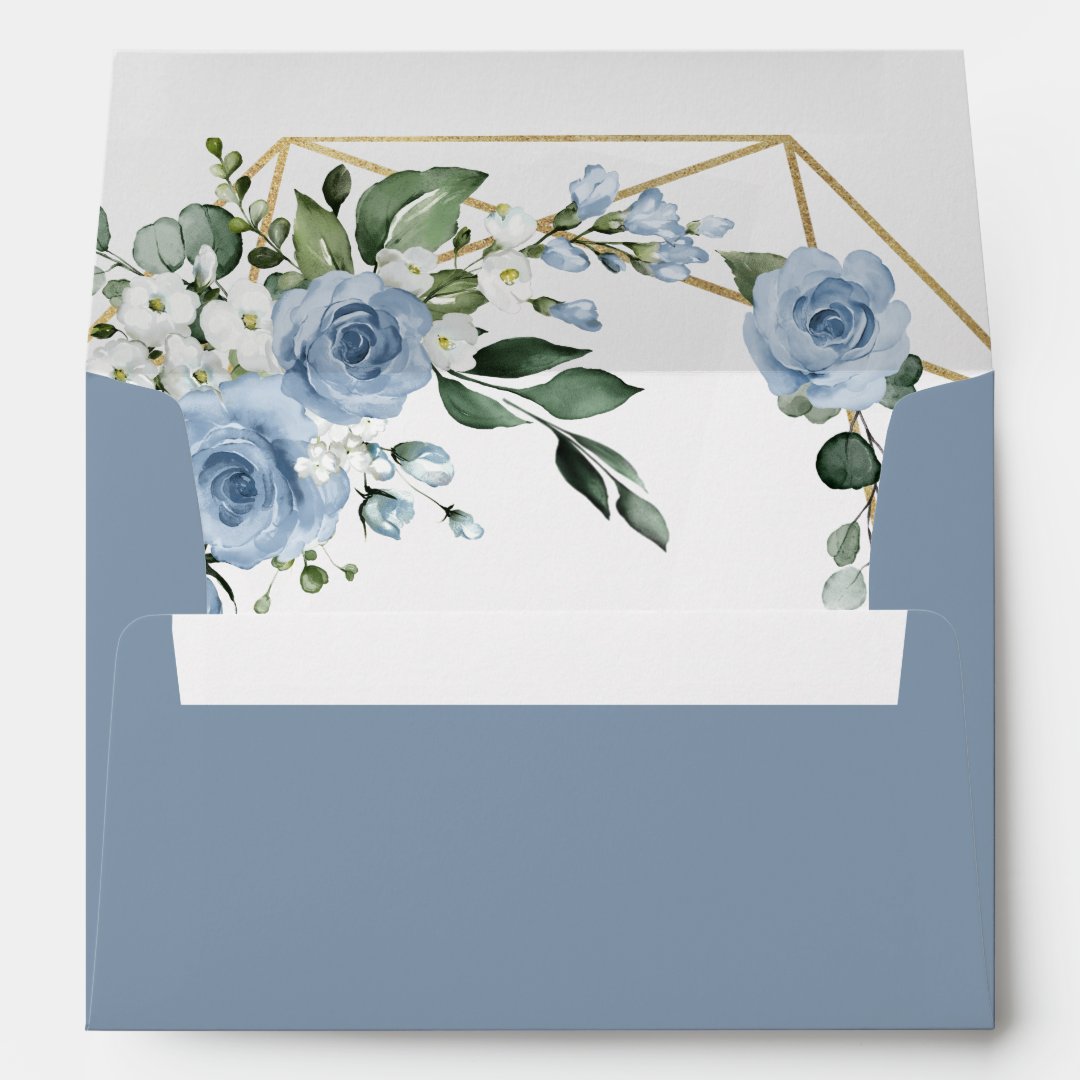 Dusty Blue and Gold Elegant Floral Rustic Wedding Envelope | Zazzle