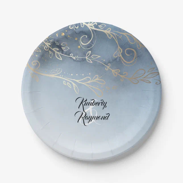 Dusty Blue and Gold Modern Watercolor Paper Plates | Zazzle