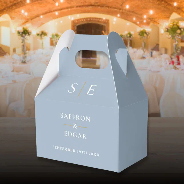 Dusty Blue And Gold Monogram Wedding Favor Boxes | Zazzle